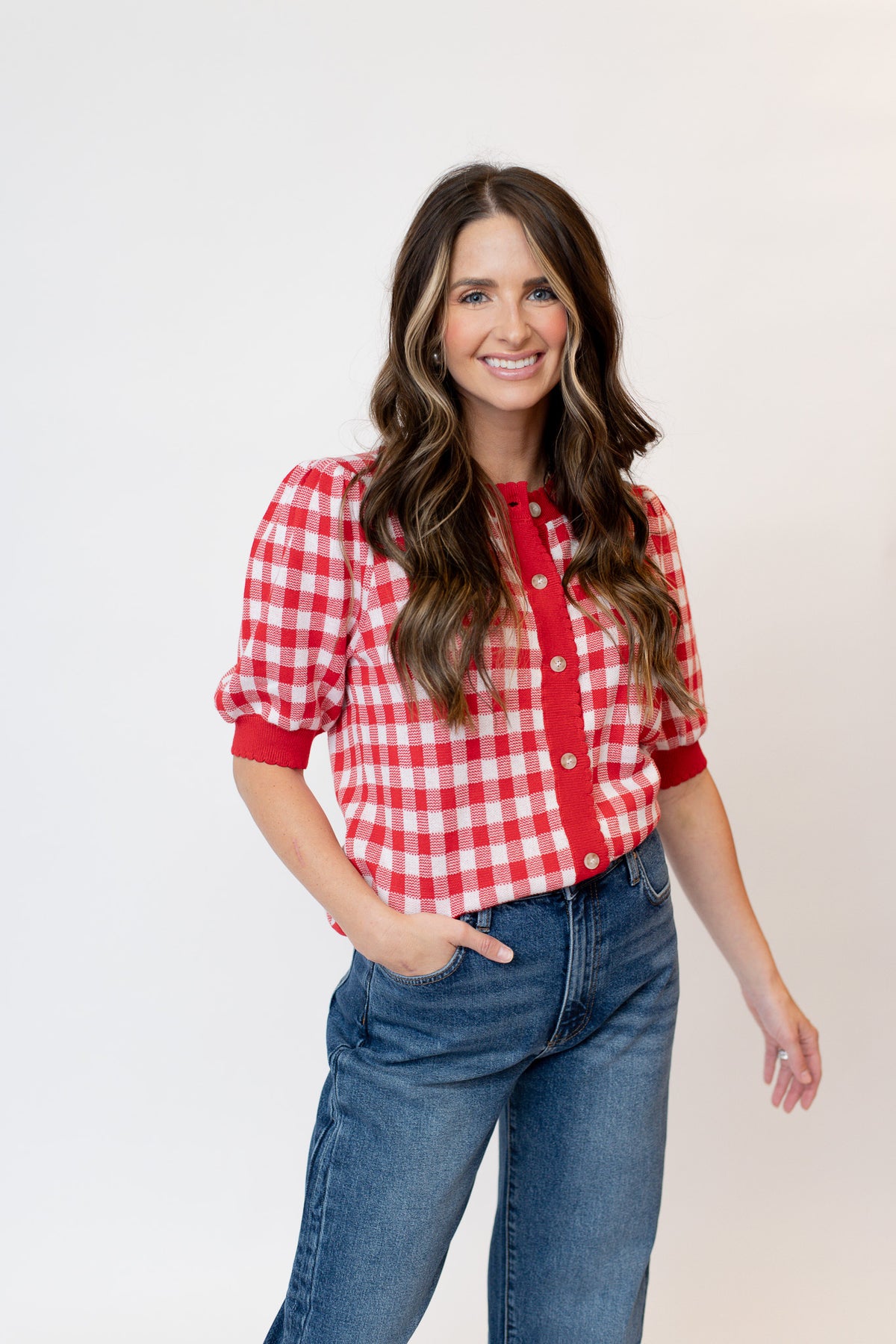 Scallop Gingham Sweater Cardigan - Red — MeMe's & JD Griffin